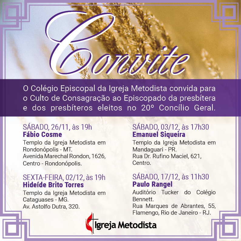 Confira os endereços para consagração dos Bispos/a eleitos/a no 20° CG Confira os endereços para consagração dos Bispos/a eleitos/a no 20° CG